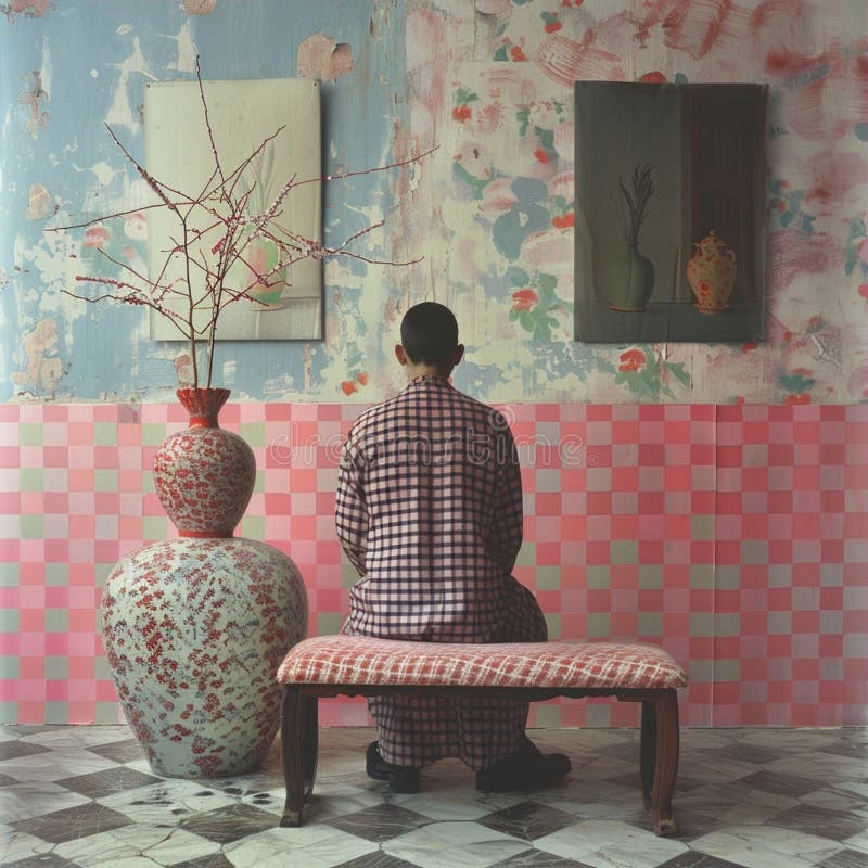 Plaid-clad Man with Pink-patterned Vases and Bench Stock Illustration ...