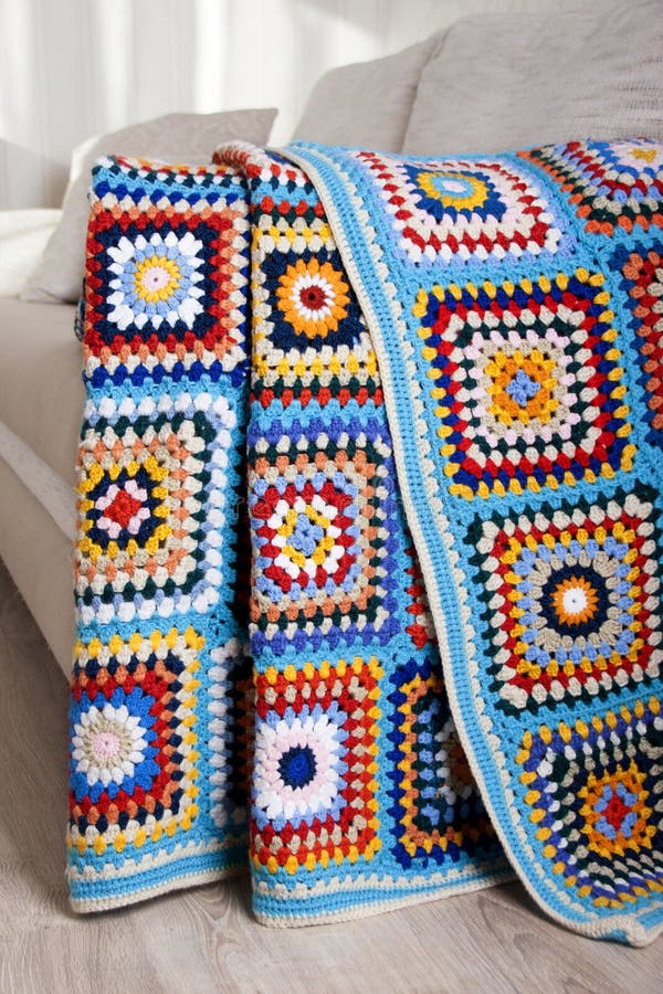 Plaid of Colored Bright Hand-knitted Squares Homework Stock Photo ...