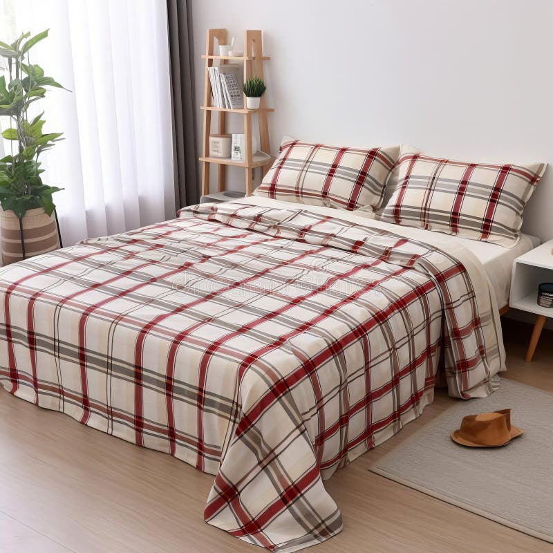 Cozy Bedroom with Plaid Blanket and Plants Decoration Stock Illustration - Illustration of ...