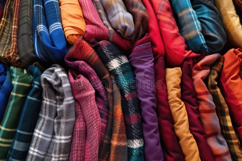 Plaid Scarves in Different Hues and Patterns Spread on the Floor Stock ...