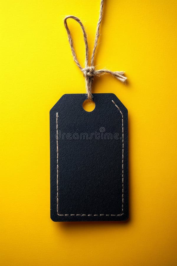 A Plain Black Tag Suspended by a String Against a Bright Yellow ...