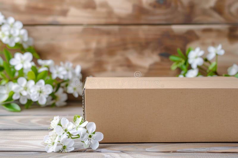 Plain Cardboard Box on a Wooden Table with White Spring Flowers Stock ...