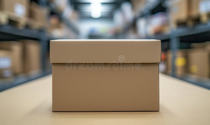 Plain Cardboard Box in Warehouse Setting with Shelves of Packages in ...