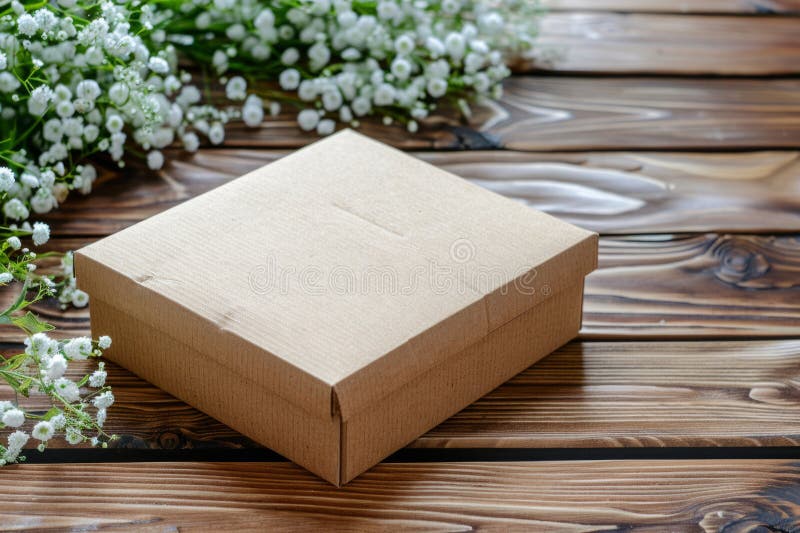 Plain Cardboard Box on a Wooden Table with White Spring Flowers Stock ...