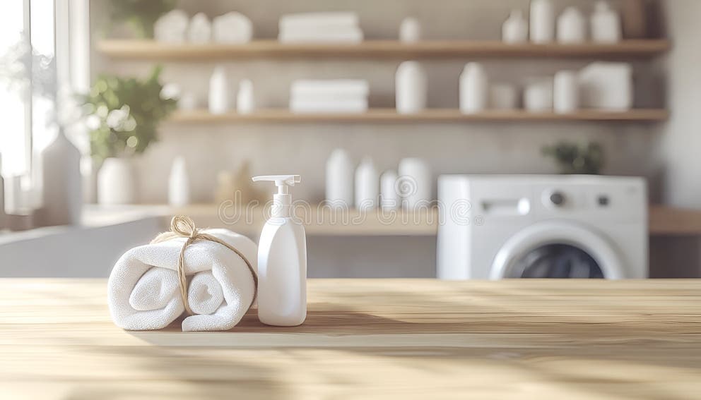 Plain Detergent Bottle on Wood Over Defocused Laundry Room Interior ...