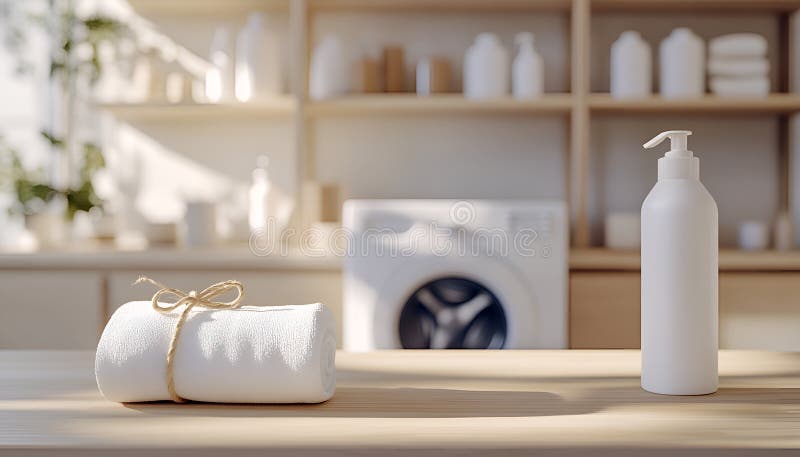 Plain Detergent Bottle on Wood Over Defocused Laundry Room Interior ...