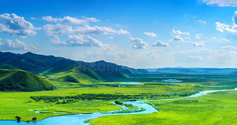 Plain, Grasslands, River and Mountain Stock Image - Image of grass ...
