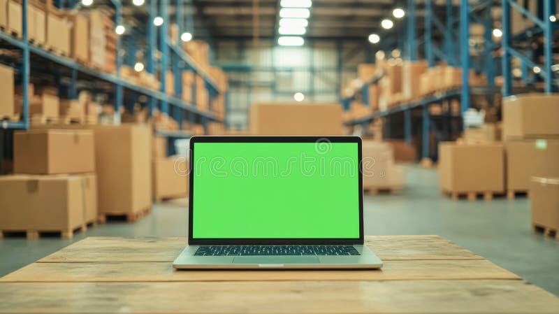 Plain Green Screen Laptop on Wooden Table Inside Bright Warehouse ...