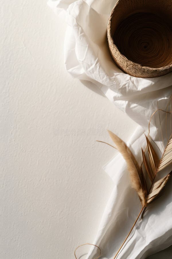 White Paper Wooden Pot Beige Leaves Textured Neutral Minimal Background ...