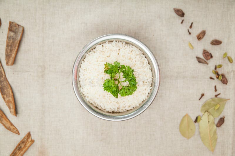 Plain Rice Served in a Dish Isolated on Table Top View of Indian Spices ...