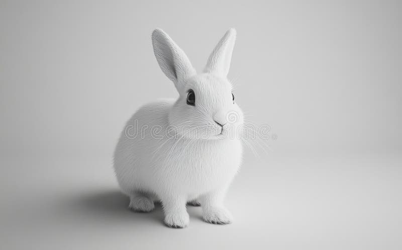 On a Plain Surface, a Fluffy White Rabbit Sits Quietly, Set Against a ...