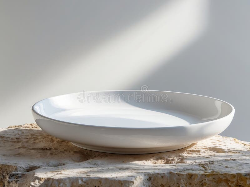 Plain White Ceramic Plate Displayed Natural Stone Surface Soft Shadows ...