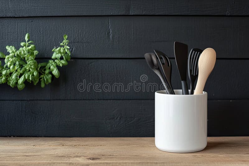 Plain White Ceramic Utensil Holder Standing Upright Wooden Table Stock ...