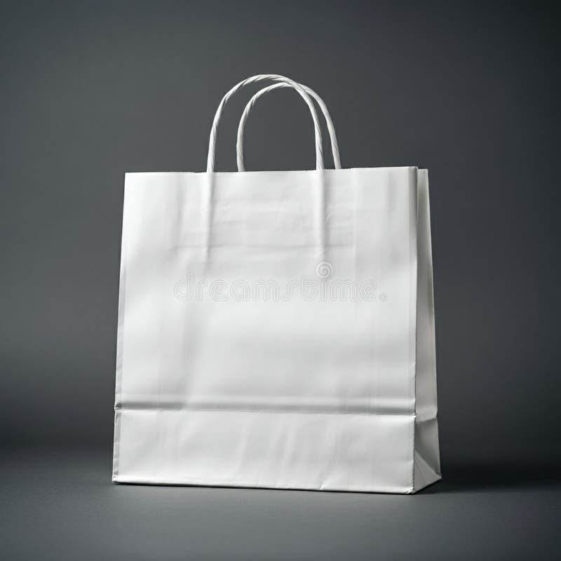 A Plain White Paper Shopping Bag Stands Against a Dark Gray Background ...