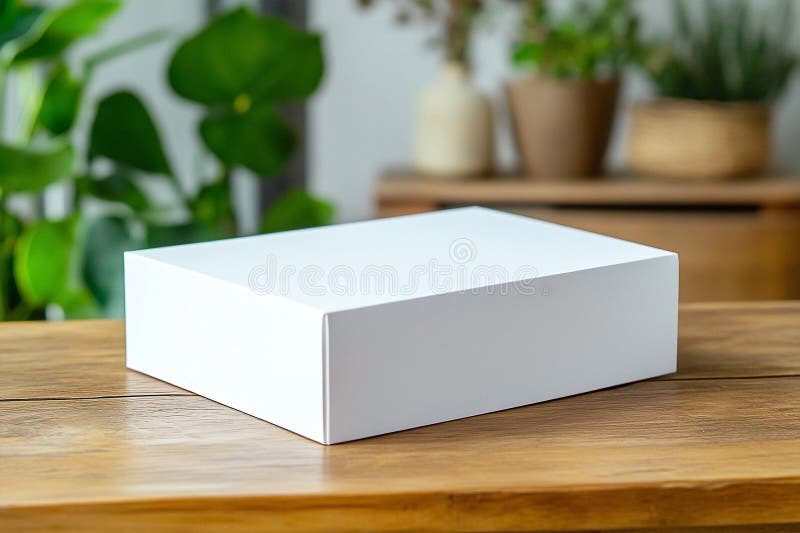Plain White Rectangular Box on a Wooden Surface with Blurred Plants ...