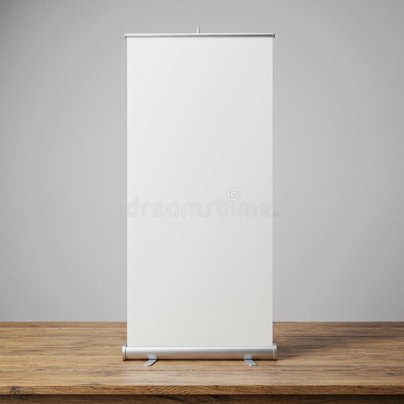 A Plain, White Roll-up Banner Displayed on a Wooden Table. the Banner ...