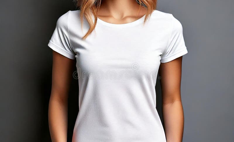 Plain White T Shirt Mockup Blonde Female Model Front View Stock ...