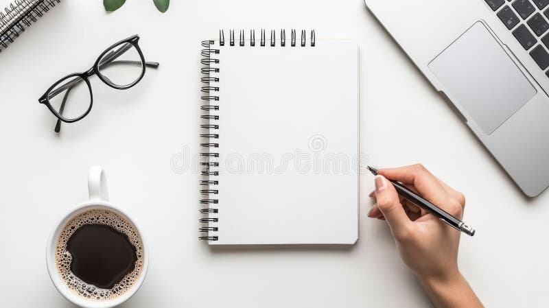 A Plain White Table with a Hand Using a Neutral Pen To Write on a Piece ...