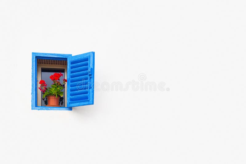 A Plain White Wall with Opened Blue Window with a Potted Plant Stock ...
