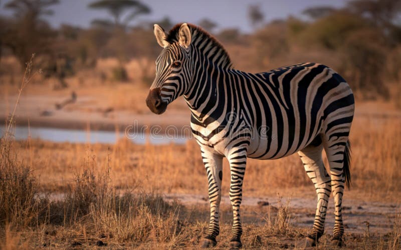 Plains Zebra Standing in African Savanna at Sunset Stock Illustration ...