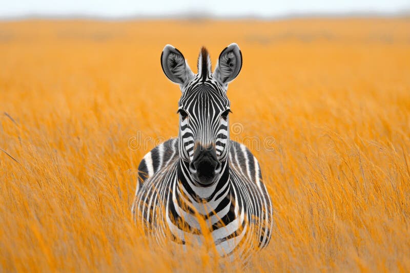 Plains Zebra Standing in Tall Orange Grass in the African Savanna Stock ...
