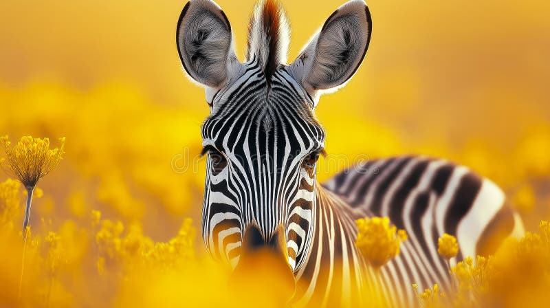 Plains Zebra Standing in Tall Yellow Grass with a Vibrant Yellow ...