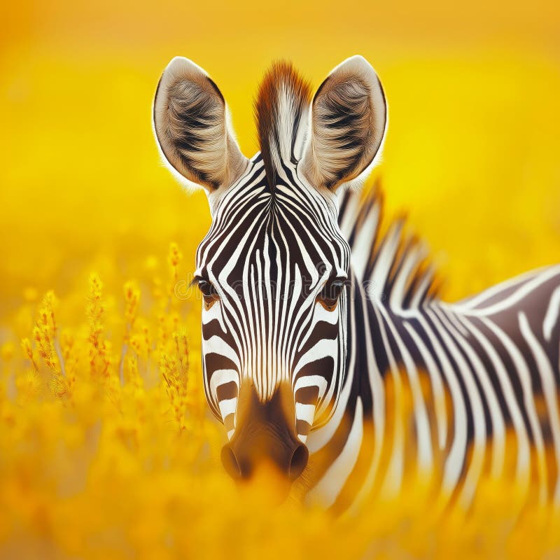 Plains Zebra Standing in Tall Yellow Grass with a Vibrant Yellow ...