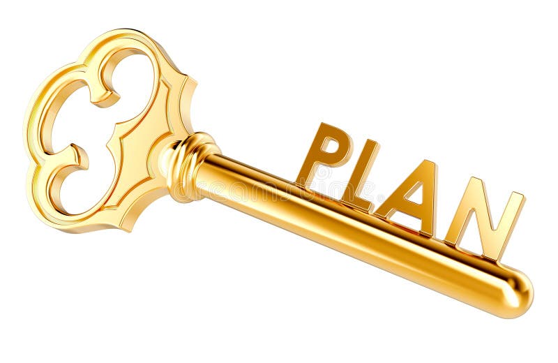 Plan Concept with Golden Key, 3D Rendering Stock Illustration ...