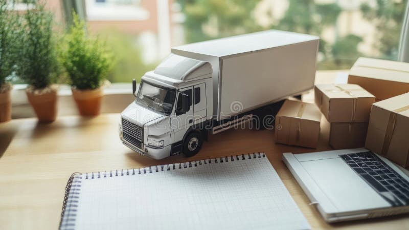 Plan Delivery Service with Logistics Truck, Boxes, Note and Laptop ...