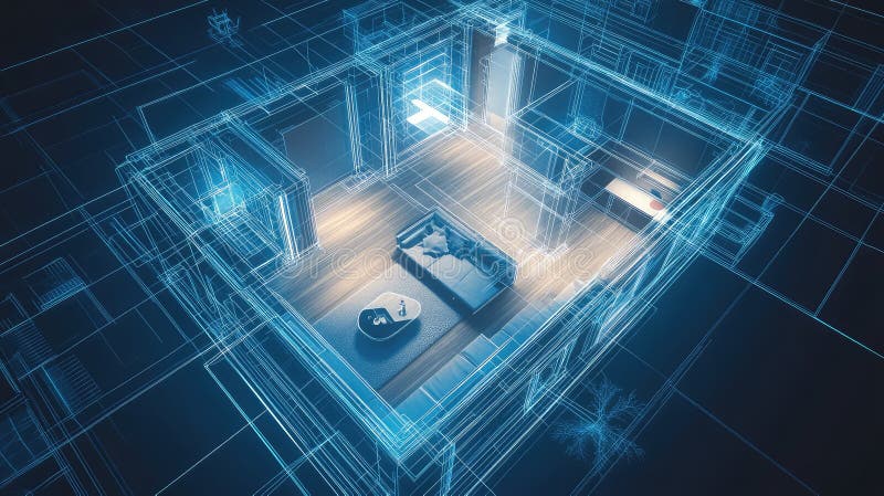 Plan futuristic wireframe style 3d rotating floor plan illustration ...