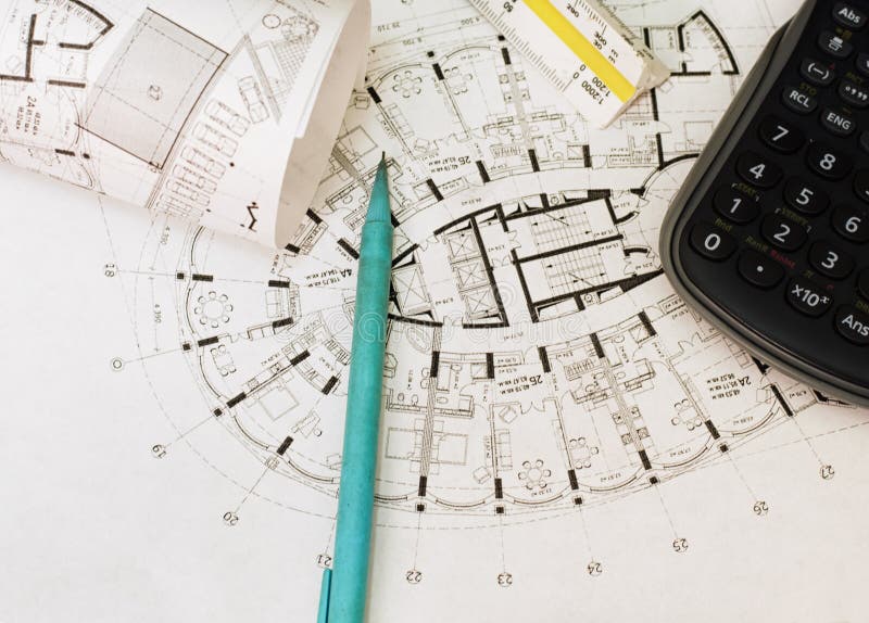 Plan of House, Calculator, Pen on Table Stock Image - Image of black ...