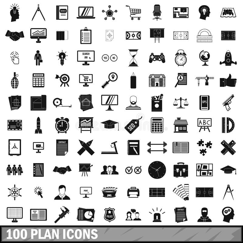100 Plan Icons Set, Simple Style Stock Vector - Illustration of chair ...