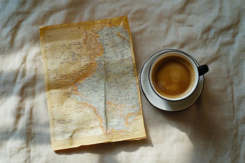 Plan a Journey with Cup of Coffee and a Map for Adventure Time Stock ...