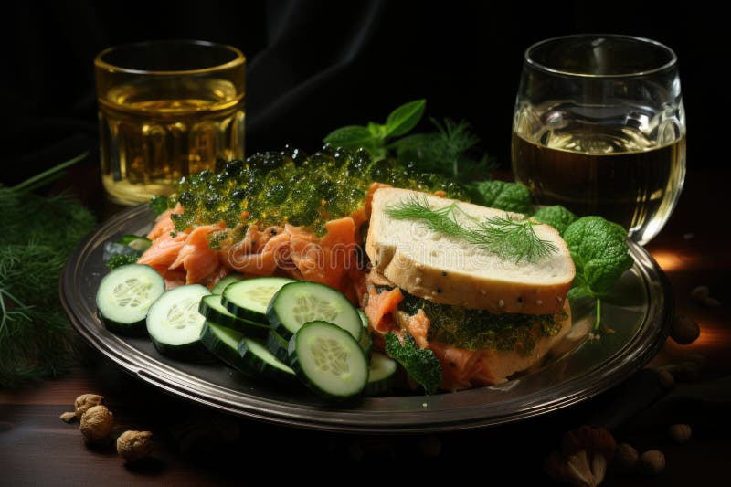 Plan Sandwich with Cucumber and Salmon on the Plate with Stock ...