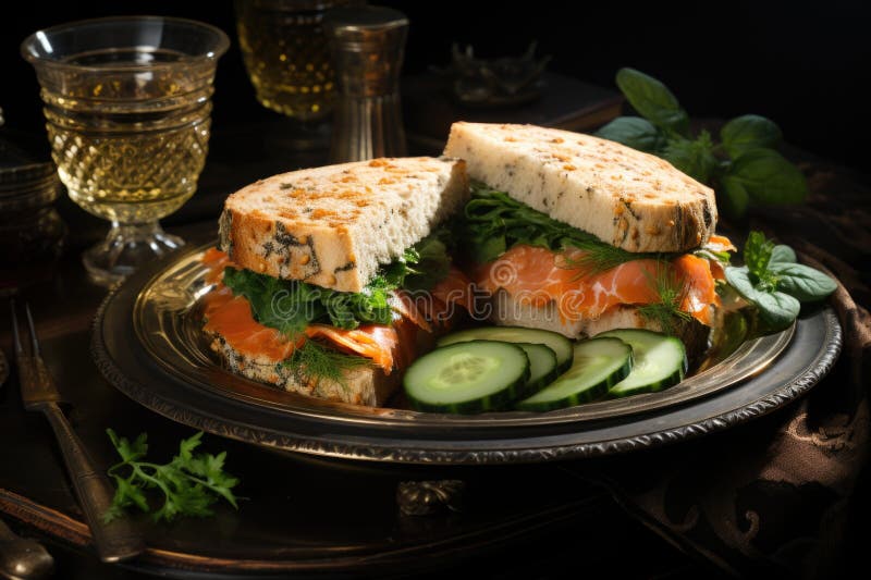 Plan Sandwich with Cucumber and Salmon on the Plate with Stock ...