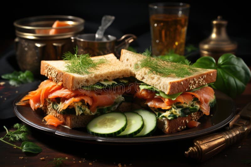 Plan Sandwich with Cucumber and Salmon on the Plate with Stock ...