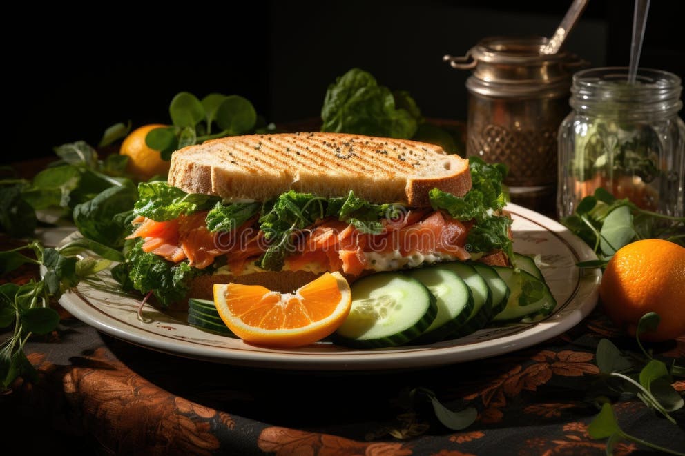 Plan Sandwich with Cucumber and Salmon on the Plate with Stock ...