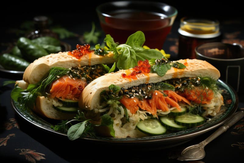 Plan Sandwich with Cucumber and Salmon on the Plate with Stock ...