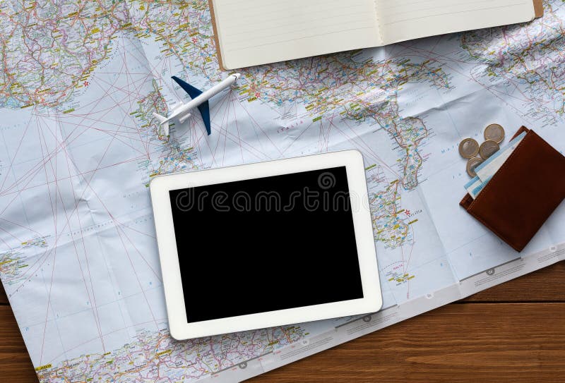 Plan Trip in One Click on Your Tablet with Blank Screen Stock Image ...