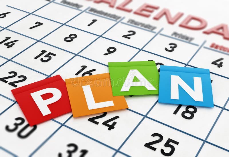 Plan Word on Colored Note Papers Standing on Calendar Page. 3D ...