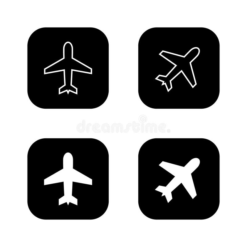 Plane, Airplane Icon Set on Black Square. Flight Transport Sign Symbol ...