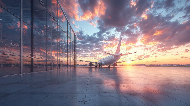 Plane at Airport with Boarding Ramp, Reflecting Beautiful Sunset Stock ...