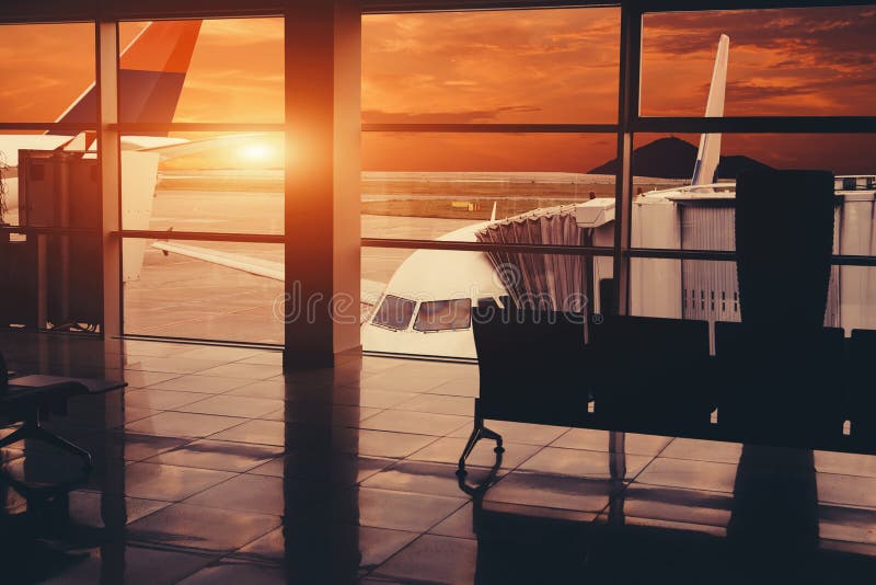 Plane in Airport Near Jet Bridge. View from Indoor Stock Image - Image ...