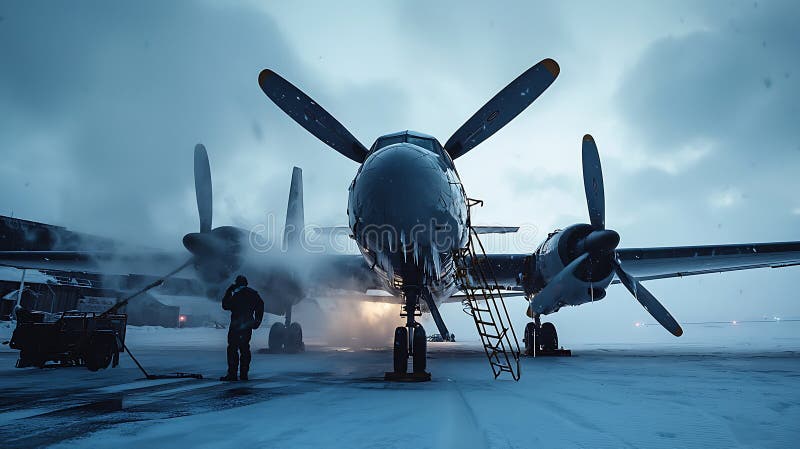 A Plane is Being Serviced by Two Men in the Snow Stock Image - Image of ...