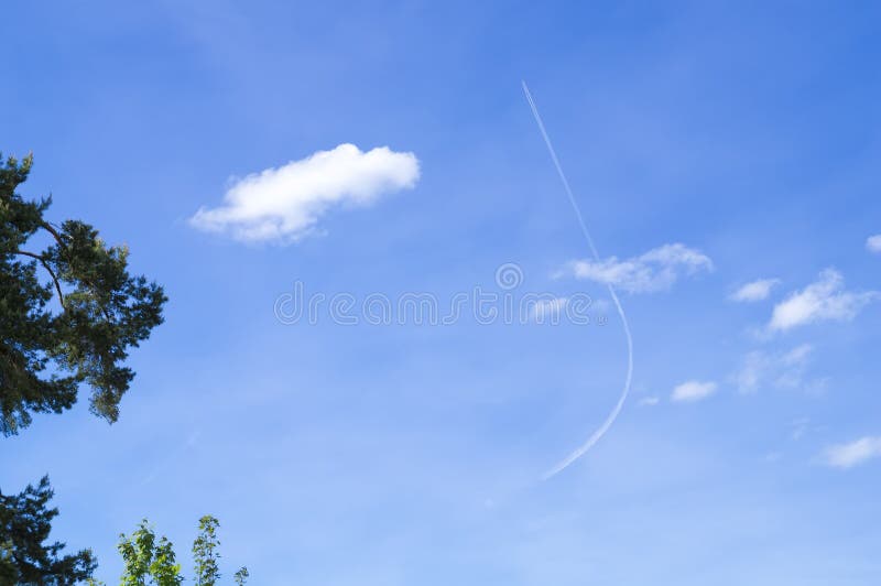 Curved Contrail. Jet Airliner Plane Flying at Altitude Leaving Curving ...