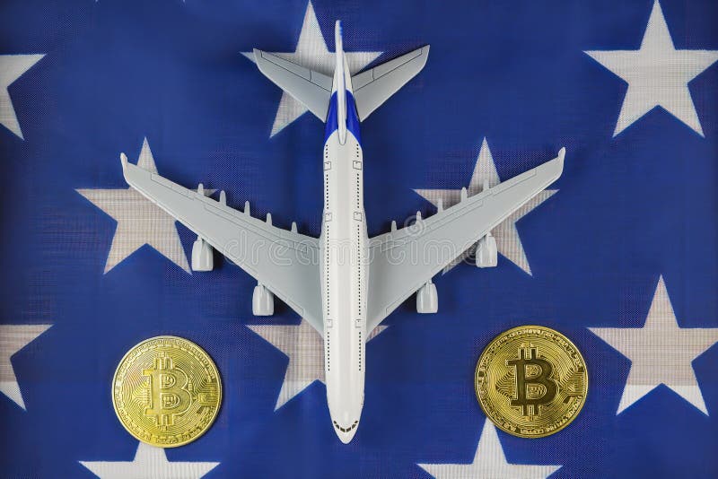 Plane and bitcoin coins stock image. Image of transportation - 242027509