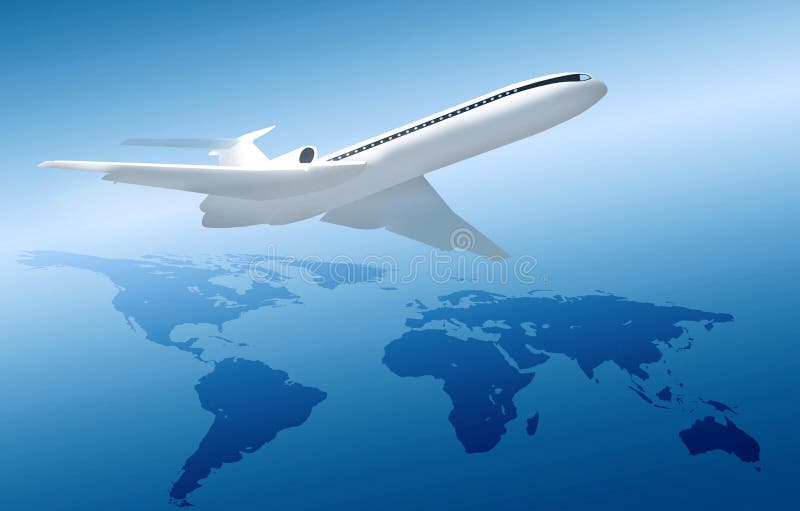 Plane On Blue Background With World Map Stock Illustration ...