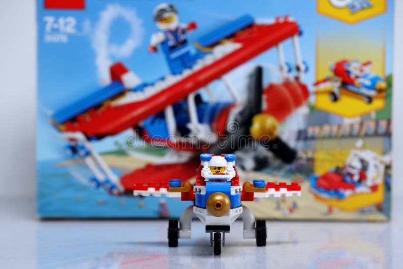 Plane Built from Lego Bricks and Its Box Front View Editorial ...