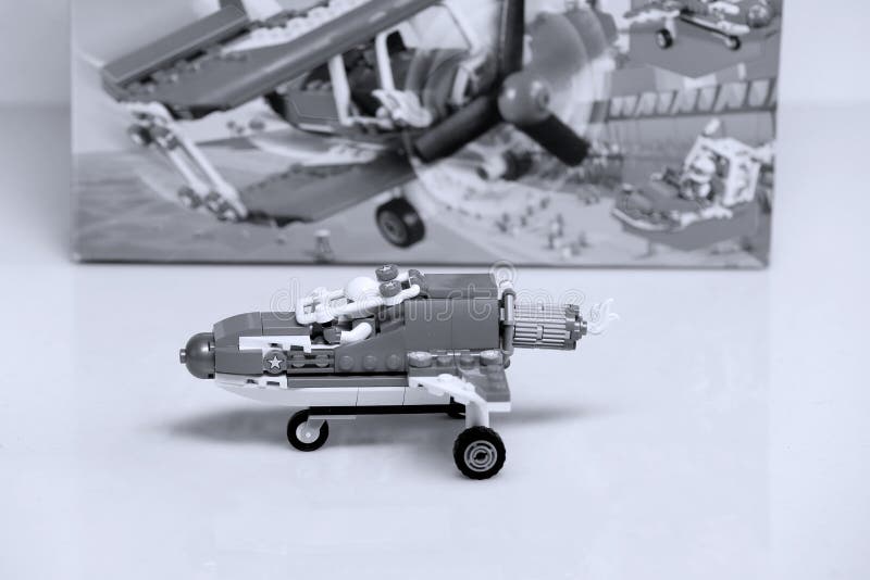 Plane Built from Lego Bricks and Its Box Front View Editorial Stock ...