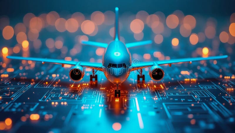 Plane on a Circuit Board Symbolizes Technology and Aviation Stock Image ...